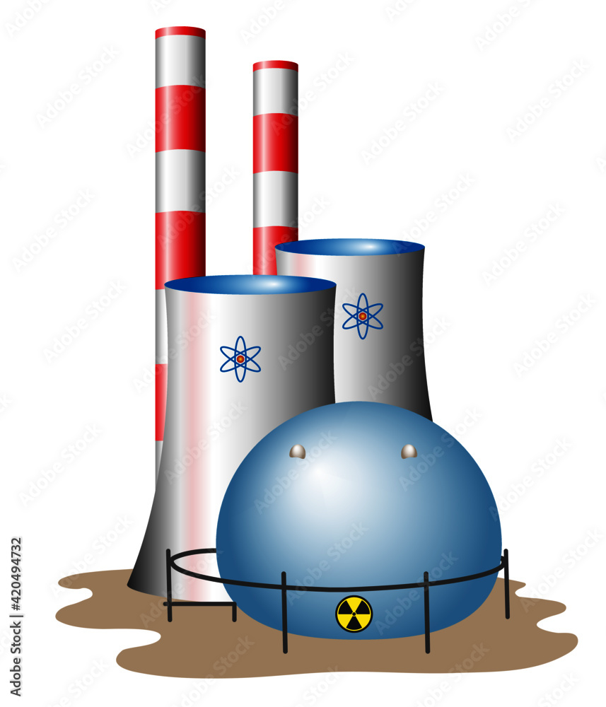 Nuclear power plant buildings, containment building, cooling tower, and ...