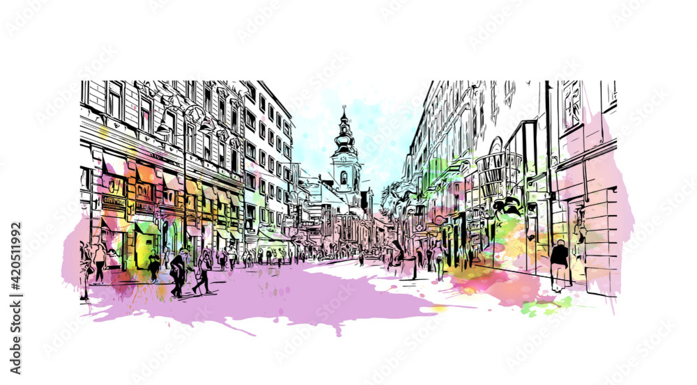 Building view with landmark of Linz is the city in Austria. Watercolour ...