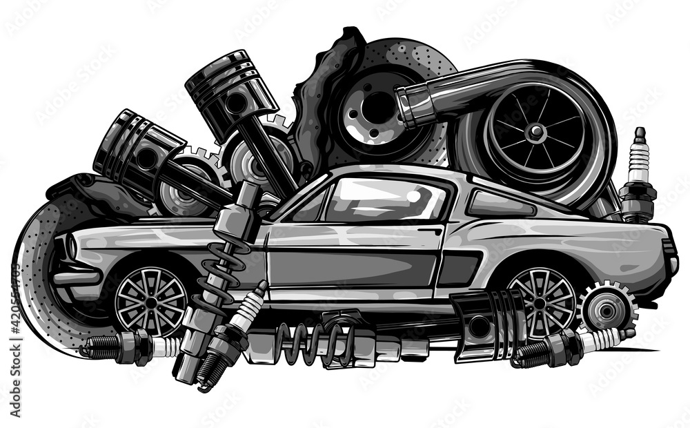 monochromatic Vintage car components collection witn automobile motor ...