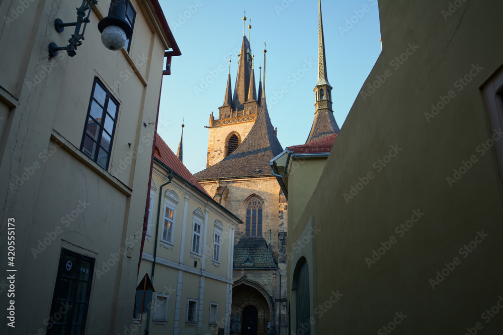 Gothic Church of St Nicholas in Louny town, Czech Republic. Church from ...