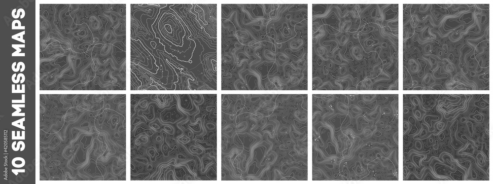 Seamless topographic map patterns set. Line topography map contour ...
