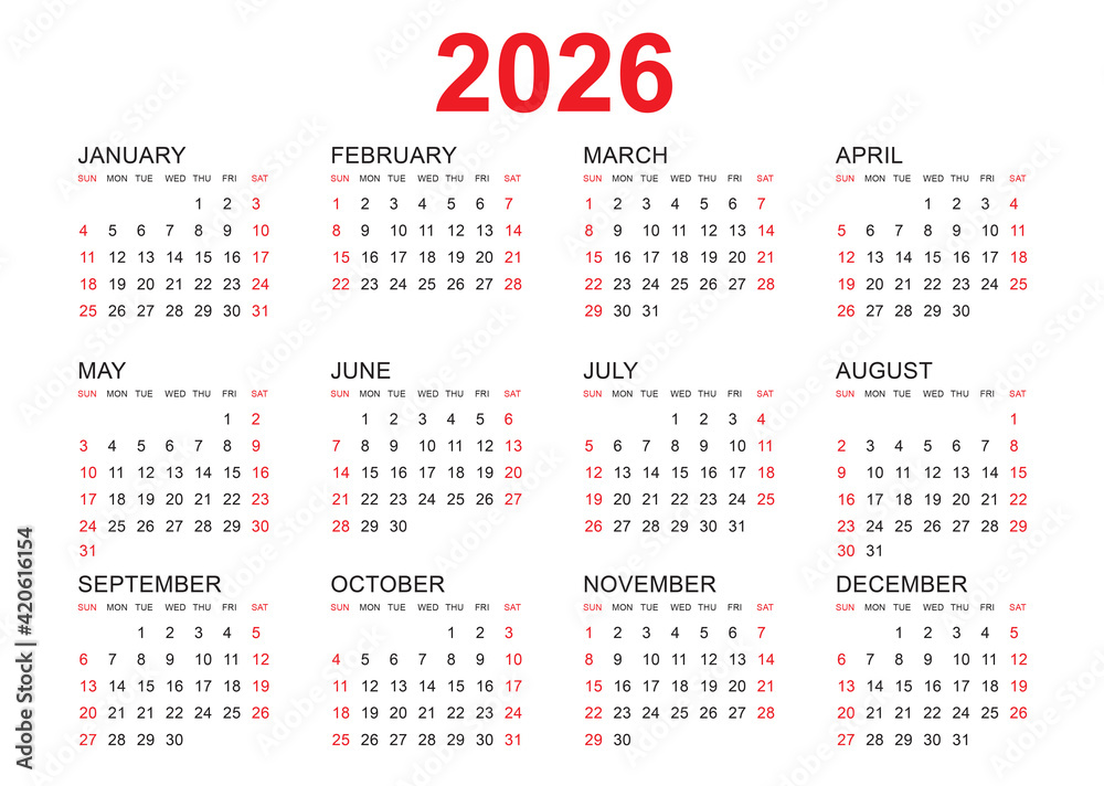 Calendar 2026 template vector, simple minimal design, Planner 2026 year ...