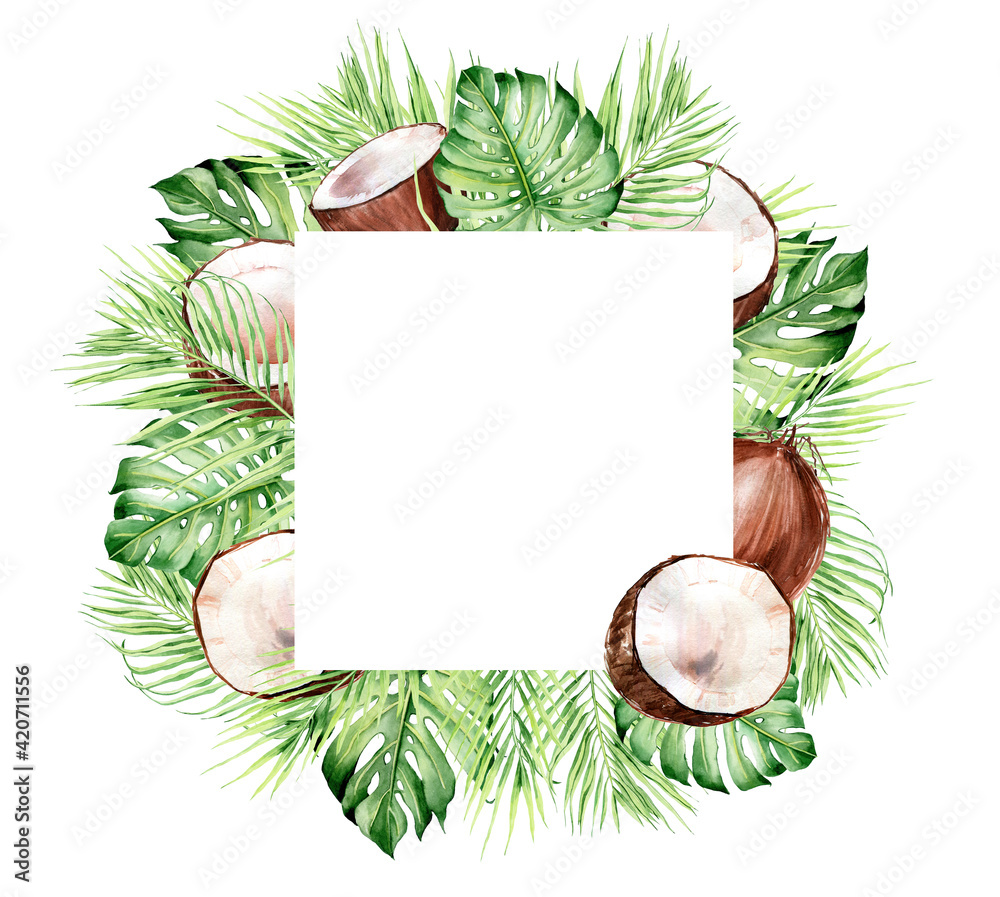 Coconut palm watercolor frame clipart, Modern tropical clipart coconut ...
