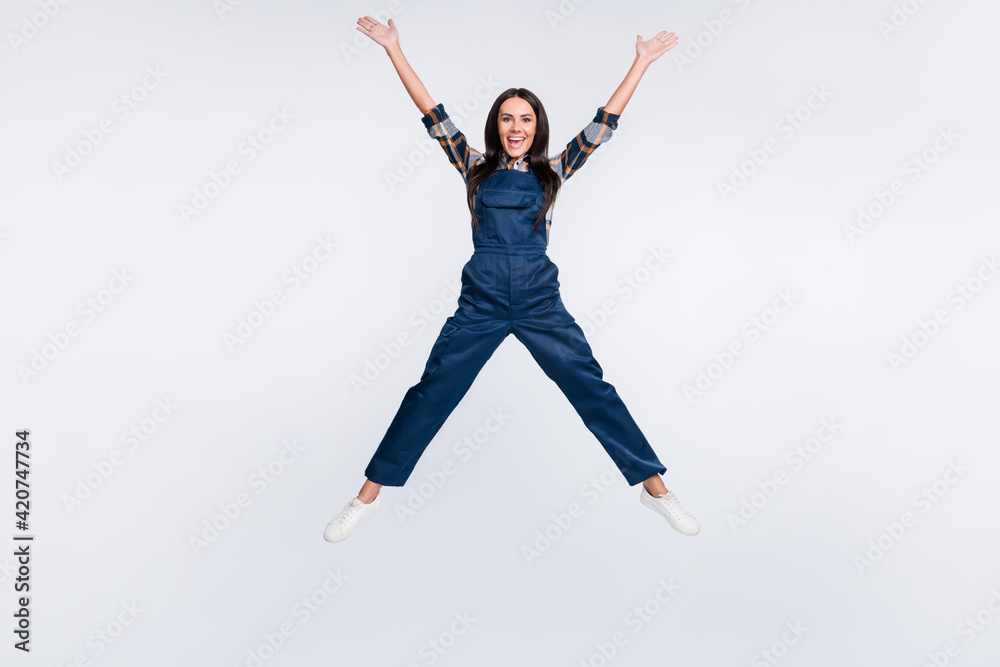 Full size photo of happy good mod excited crazy woman builder ...