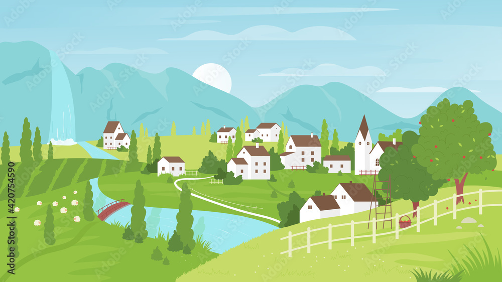 Rural mountain landscape and village vector illustration. Cartoon ...