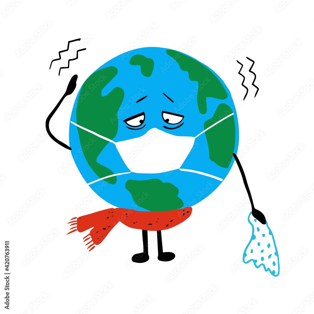 Vector illustration of the sick Earth in a respirator mask having a ...