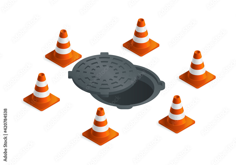 Vector illustration open sewer hatch and orange plastic traffic cones ...