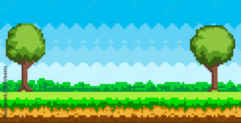 Pixel-game background. Pixel art game scene with green grass and tall ...