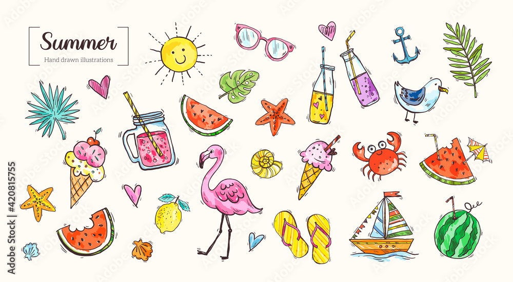 Set of cute summer icons: food, drinks, tropical leaves, fruits ...