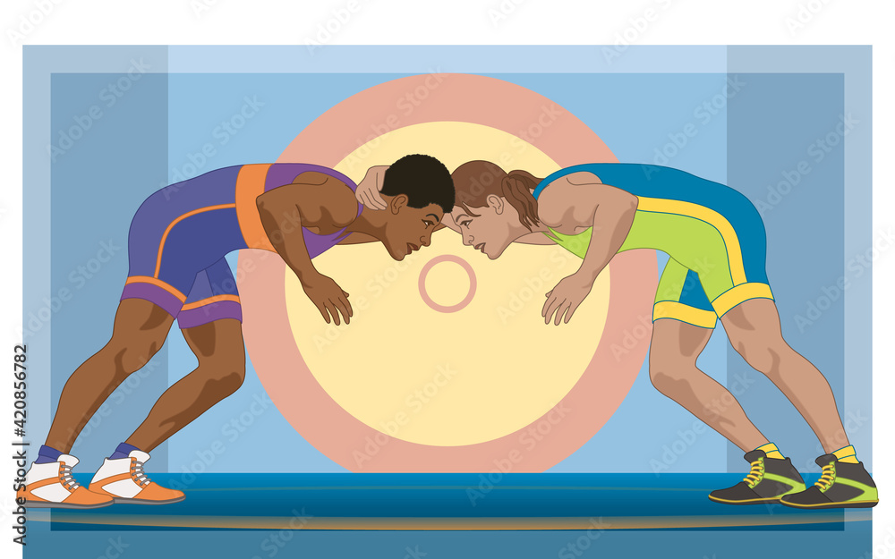 two female wrestlers in greco-roman wrestling pose with mat in the ...