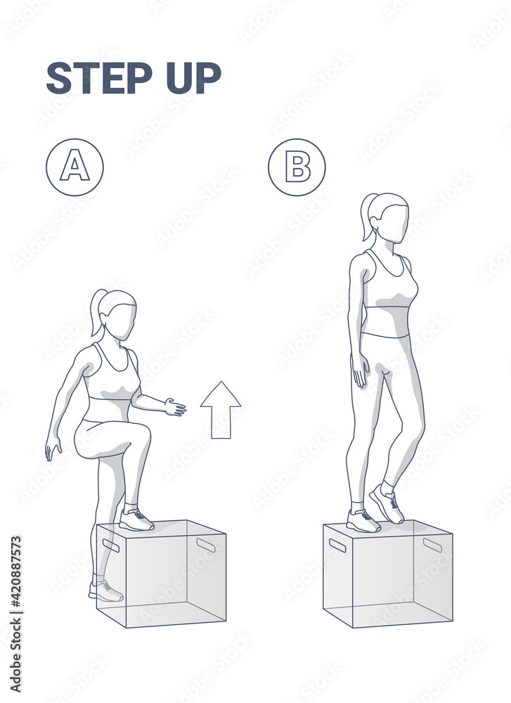 Step Up Exercise for Woman Home Workout Guide. Young Female in ...