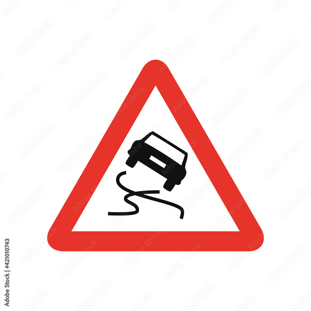 Triangular traffic signal in white and red, isolated on white background. Warning of slippery ...