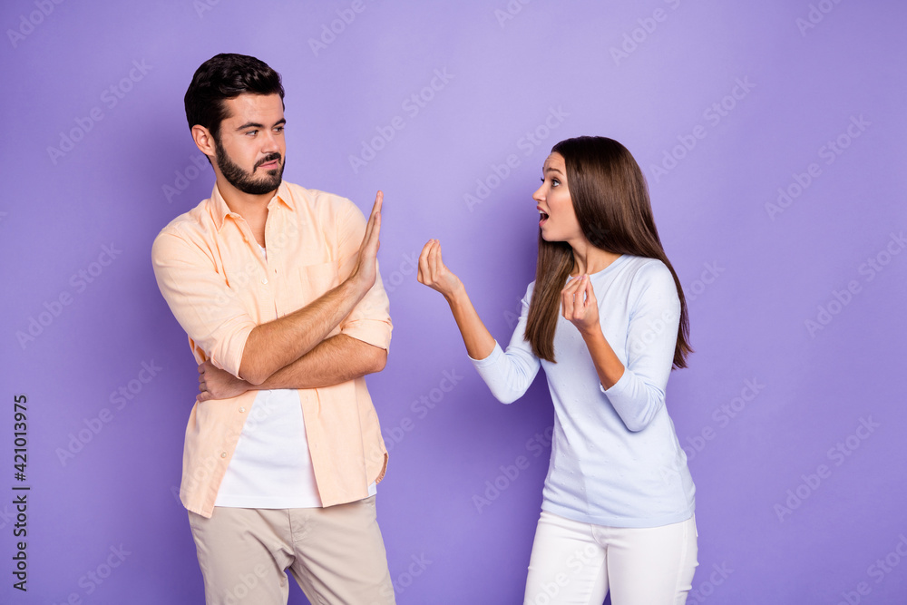 Photo of brunette married couple have argument man show stop sign ...