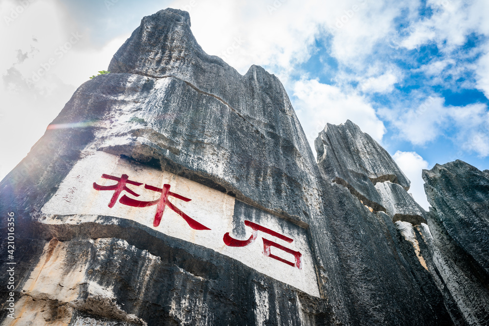 Scenic view of limestone formation written Shilin in red Chinese ...
