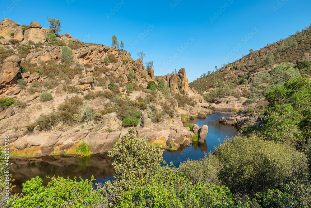 Lake Bear Gulch and rock formations in Pinnacles National Park in ...