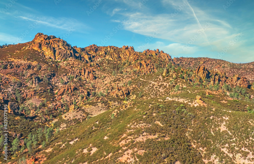 Aerial view of rock formations in Pinnacles National Park in California ...