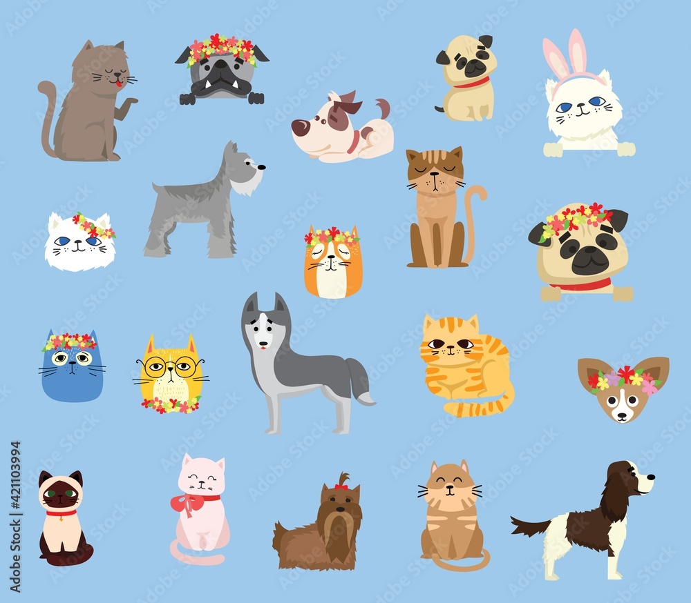 Vector illustration set of cute and funny cartoon pet characters ...