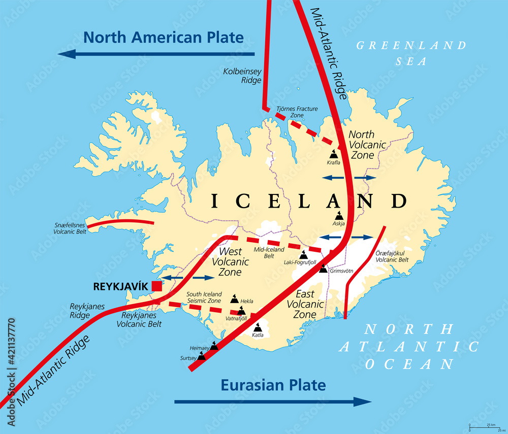Geology of Iceland political map. Iceland lies on the divergent ...