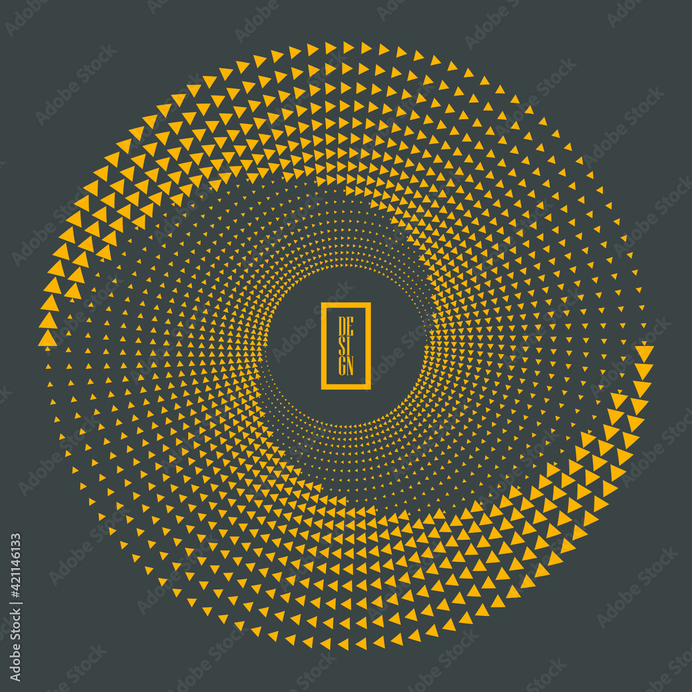 Abstract yellow tiny triangles in circle form. Halftone dots. Trendy ...