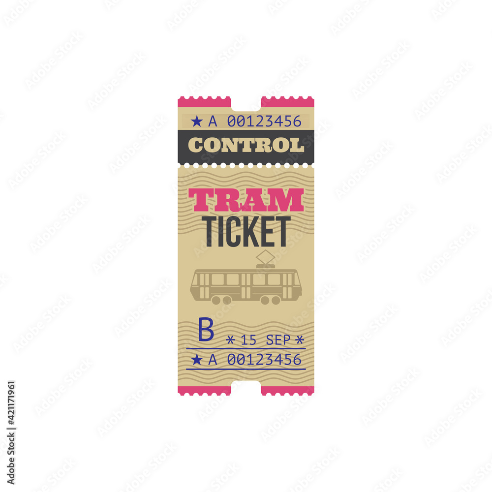 Tram ticket isolated mockup template. Vector paper card with mention of ...