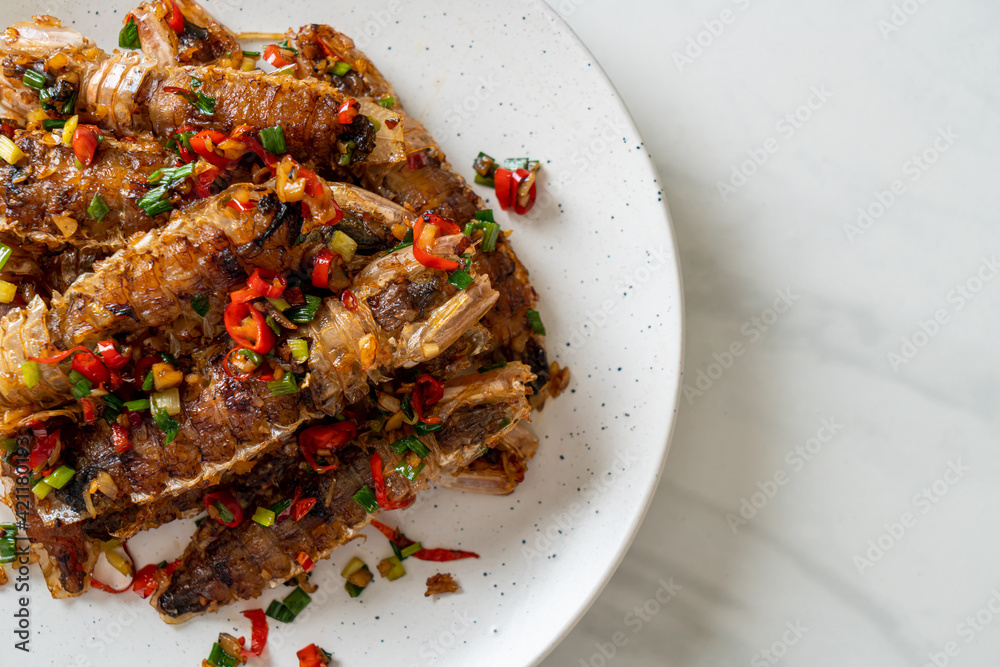 Stir-fried Mantis Shrimp or Crayfish with Chilli and Salt. Stock Photo ...