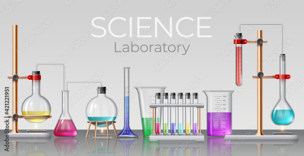 Realistic science laboratory. Chemical lab glassware, beakers, test ...