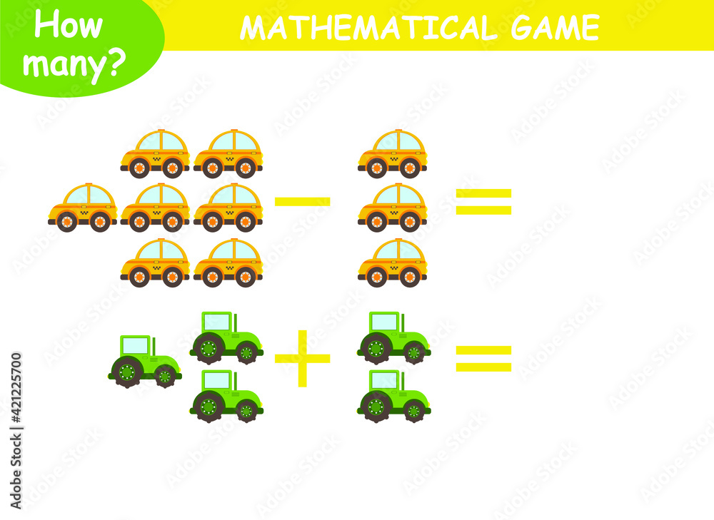 mathematical examples of addition and subtraction with colored cars ...