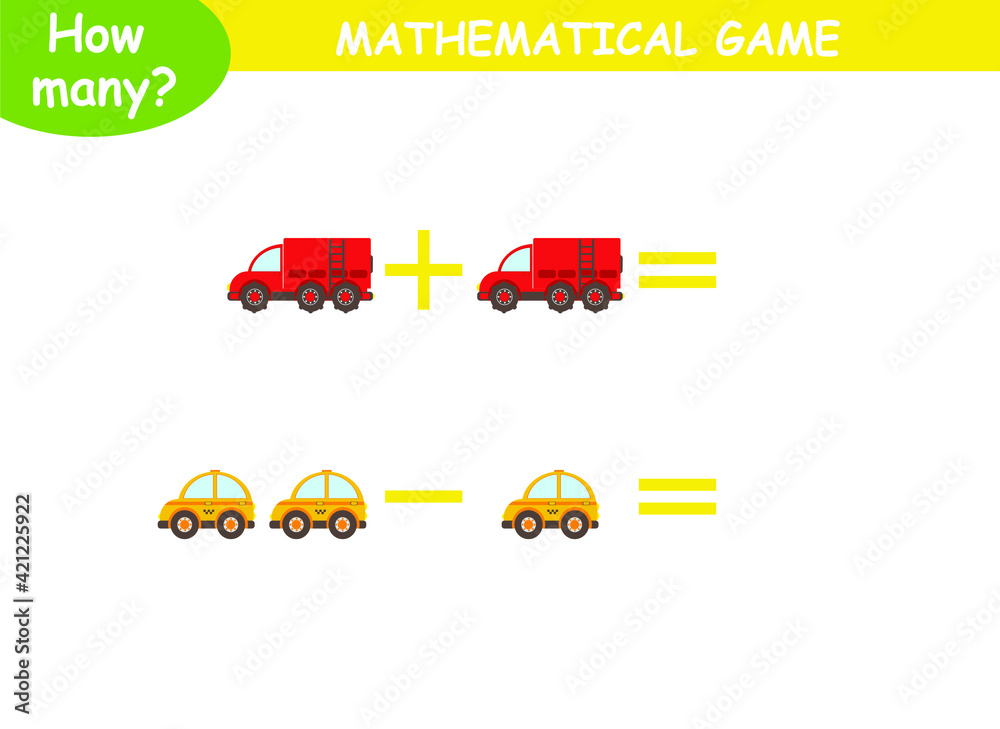mathematical examples of addition and subtraction with colored cars ...