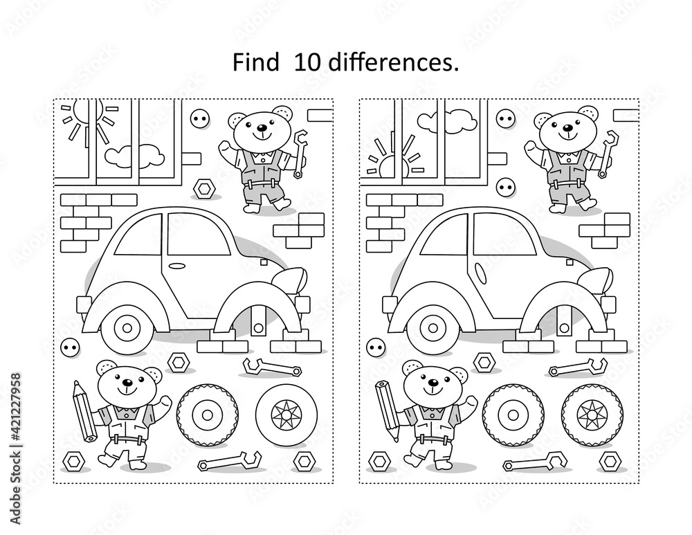 Find the ten differences picture puzzle and coloring page with bear ...