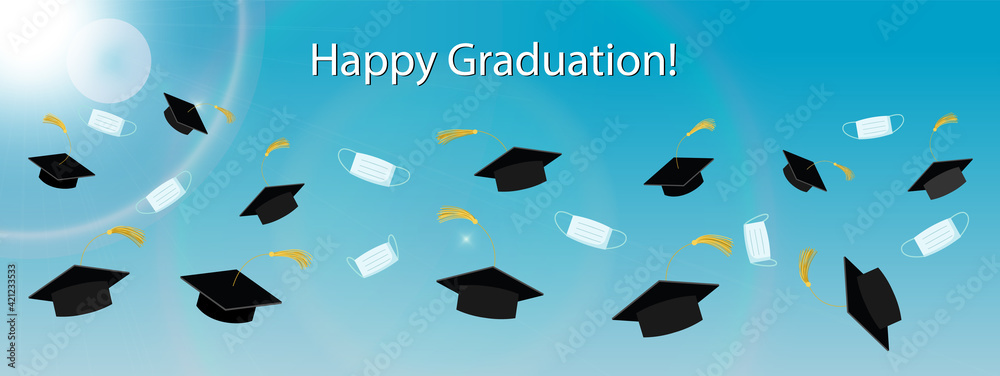 Happy graduation Class banner with flying graduation hats and medical ...