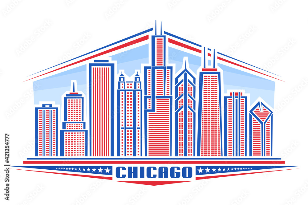 Vector illustration of Chicago City, horizontal poster with line art ...