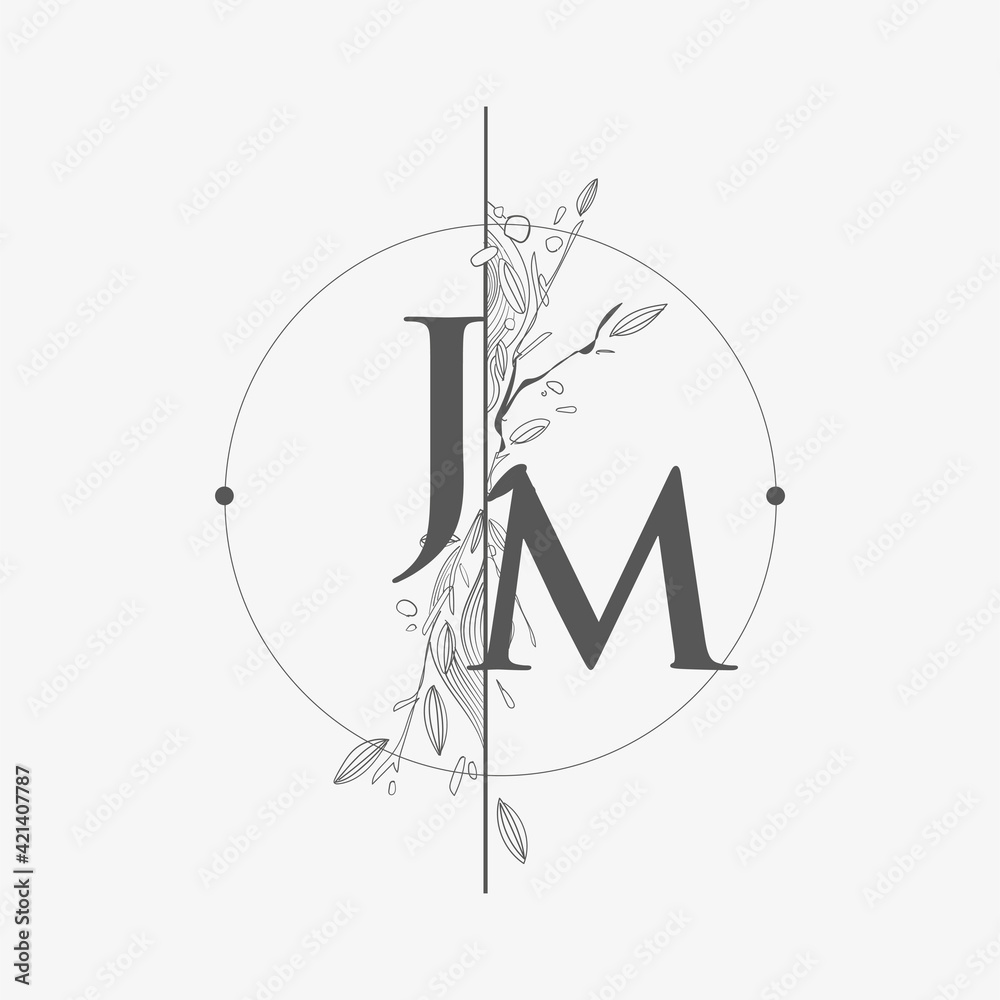 Letter JM Initial Logo with Hand Draw Floral, Initial Wedding Font Logo ...