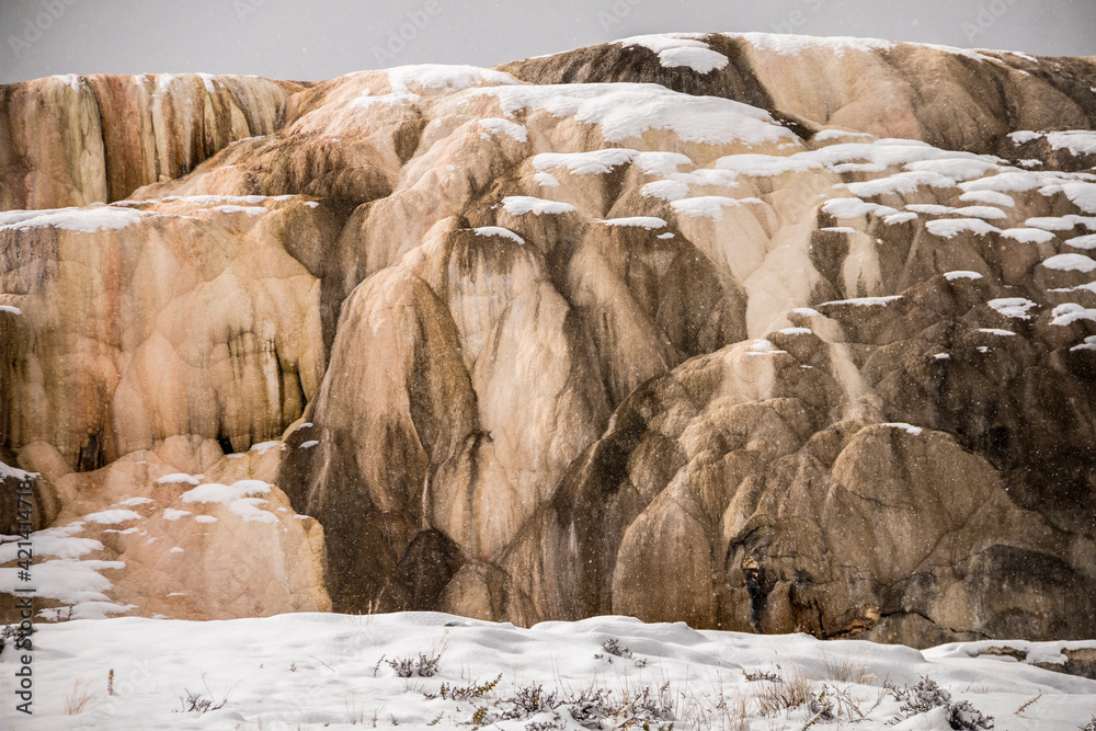steamy photo of Mammoth Hot Springs in Yellowstone during a wintry ...