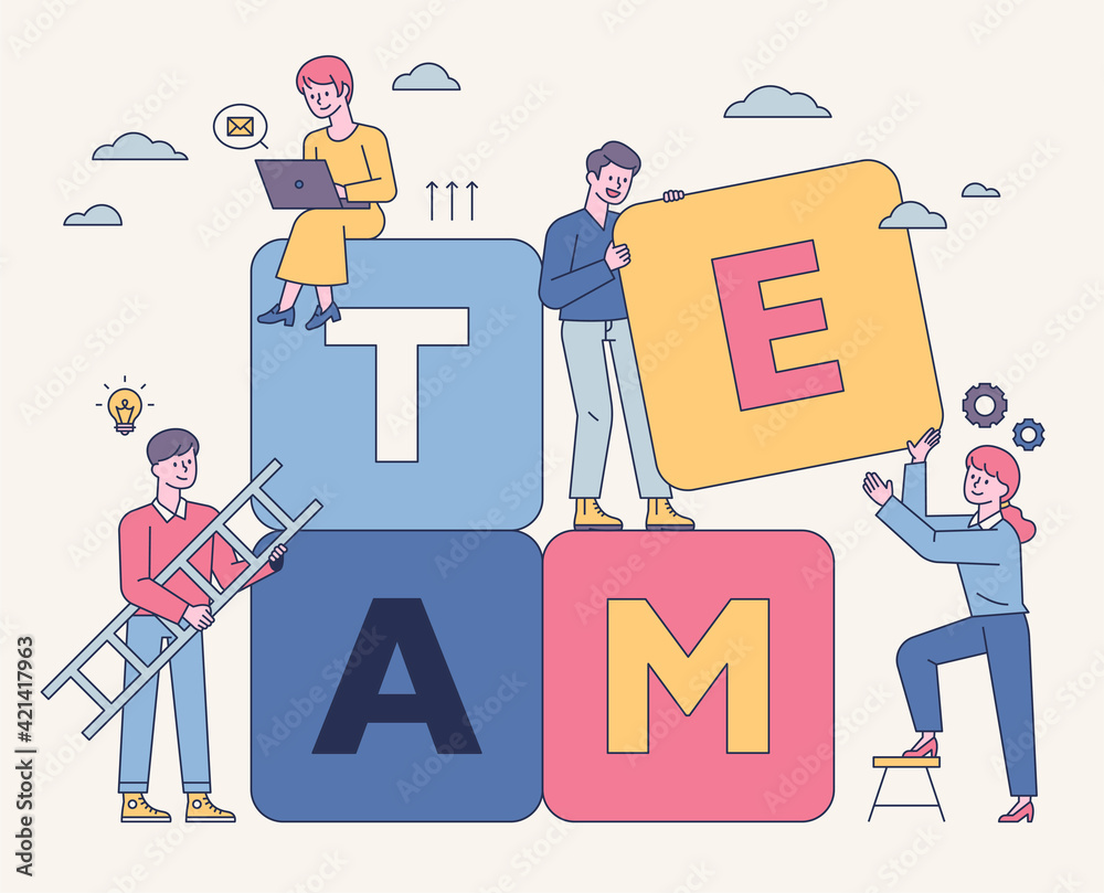 Team members are stacking large boxes together. flat design style ...
