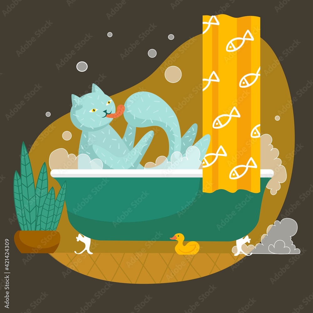 Humorous animal. Cat in the bath. Washing in the foam. Vector ...