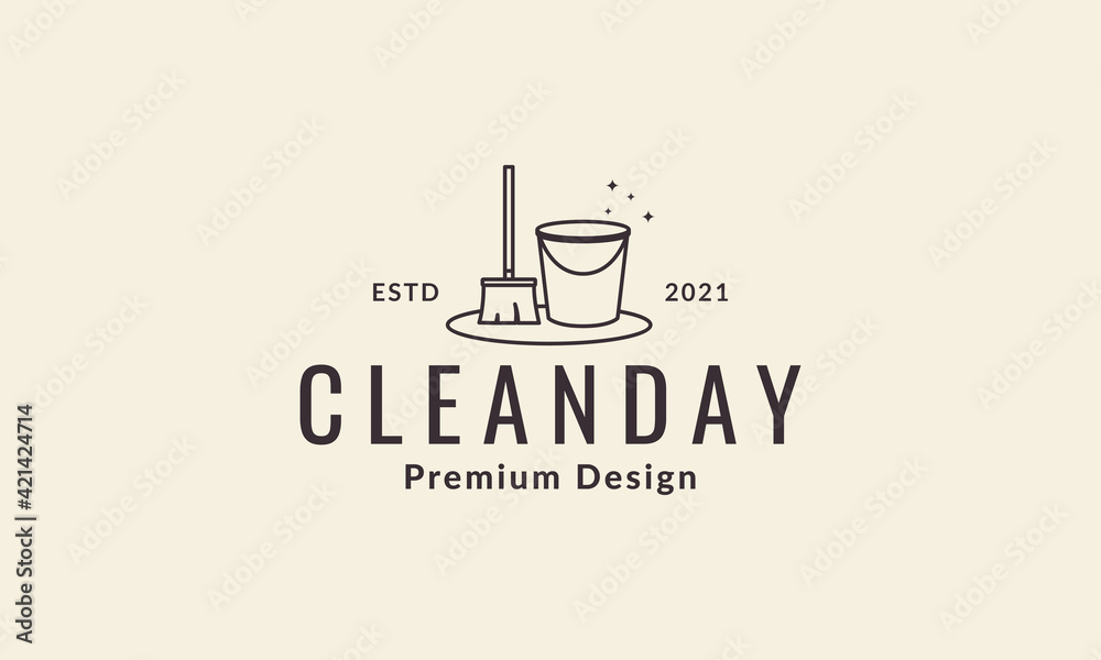 lines bucket with broom clean logo vector symbol icon design ...