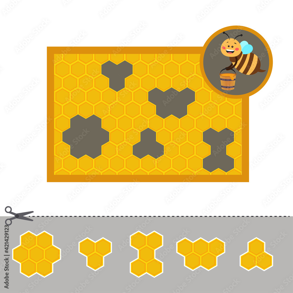 Educational children game. Bee and honeycomb. Puzzle. Printable ...