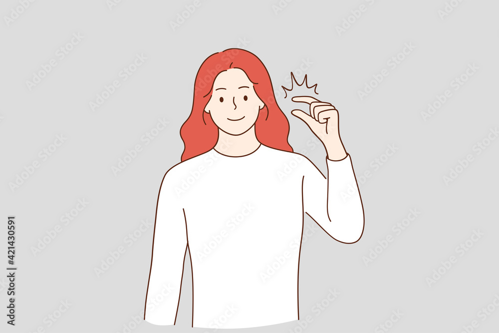 Little bit and small amount concept. Smiling red haired woman cartoon ...