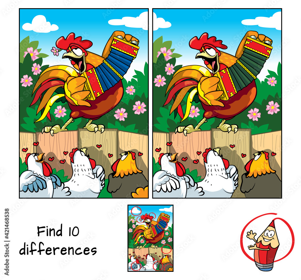 Rooster and hens. Find 10 differences. Educational game for children ...