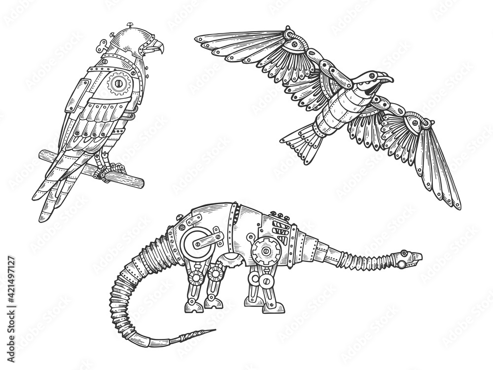 Mechanical animal set sketch raster illustration Stock Illustration ...