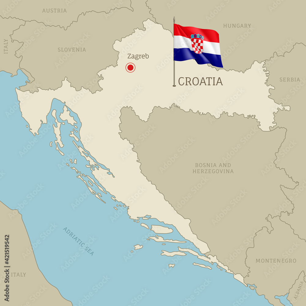 Highly detailed map of Croatia territory borders, South European ...