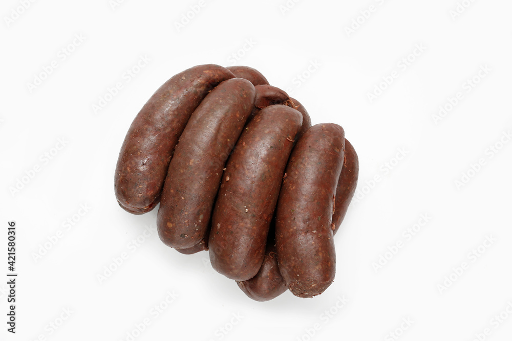 Top view of blood sausage, black pudding, isolated on a white ...