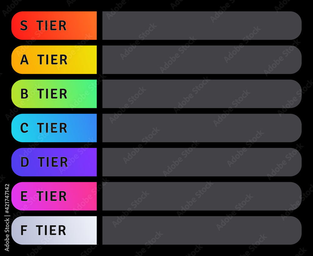 Tier list. Vertical colorful list of categories. Comparative rating ...