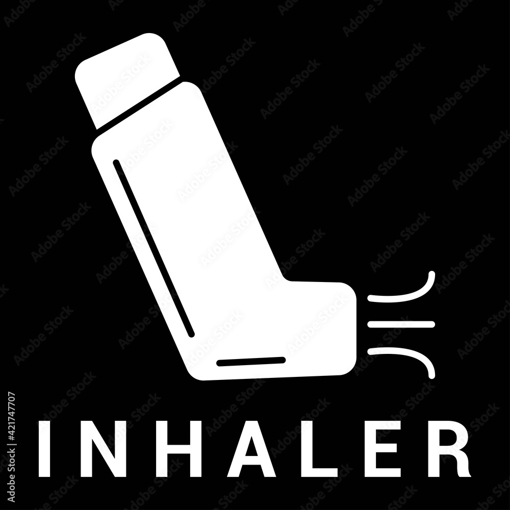 Isolated white inhaler icon with text on a black background. Design ...