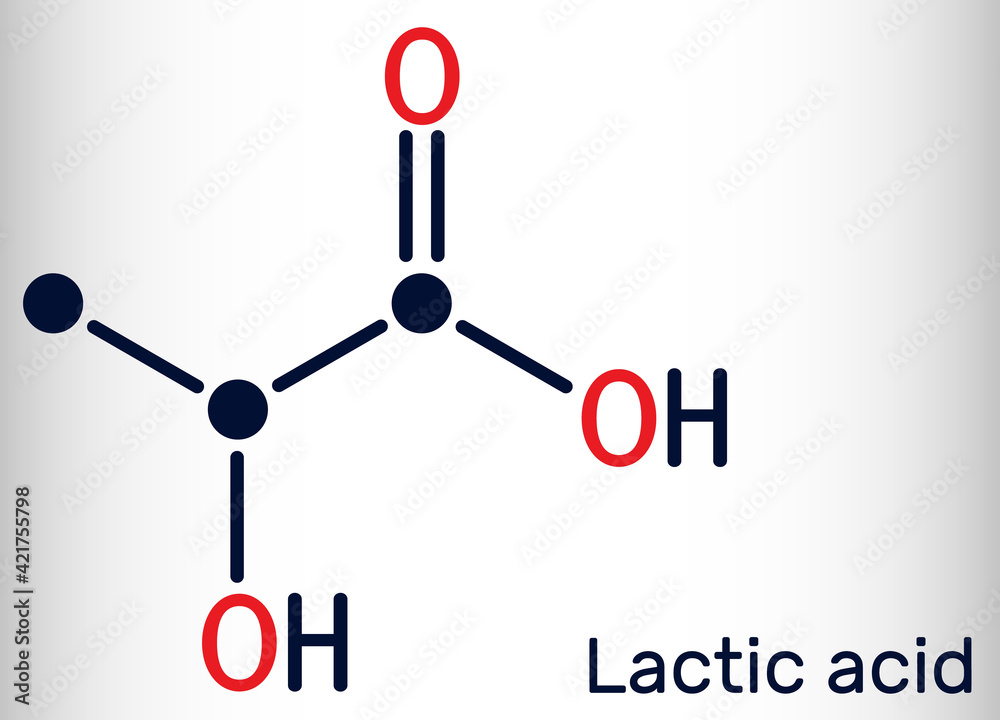 Lactic acid, lactate, milk sugar, C3H6O3 molecule. It is food additive ...