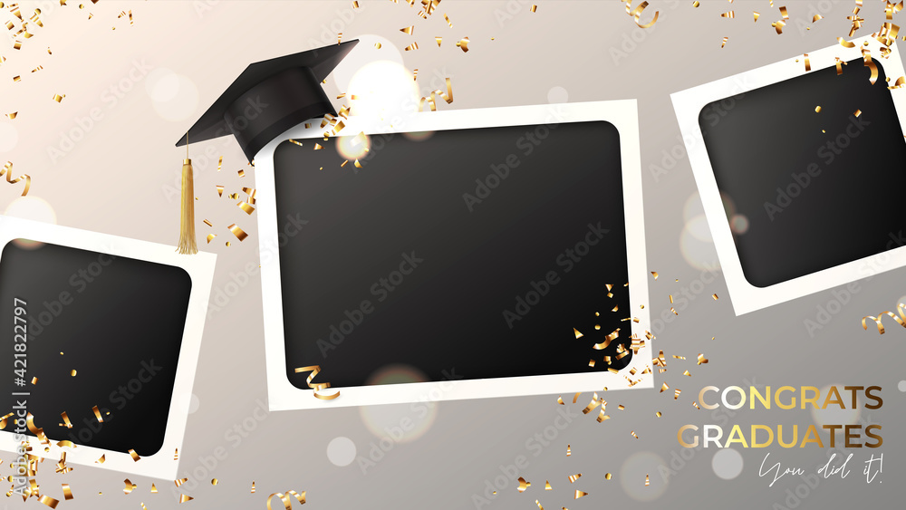 Banner for design of graduation. Blank photo frames with graduation cap ...