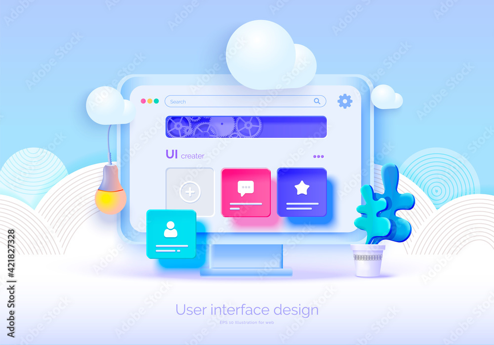Mockup 3D monitor with user interface elements for web design Software creator. User interface ...