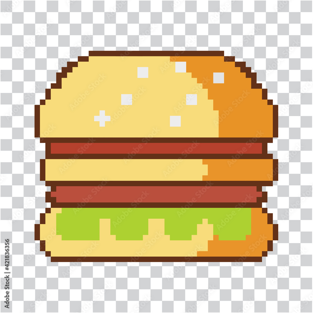 pixel art fast food hamburger filled with super delicious meat, pickle ...