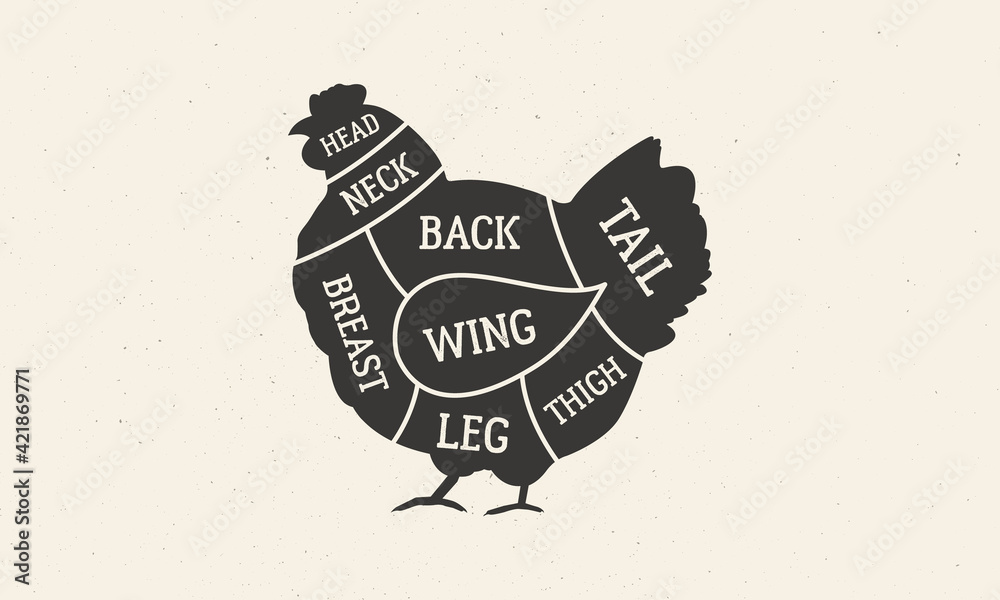 Cuts of Chicken. Butcher's diagram with hen silhouette. Meat cuts of ...