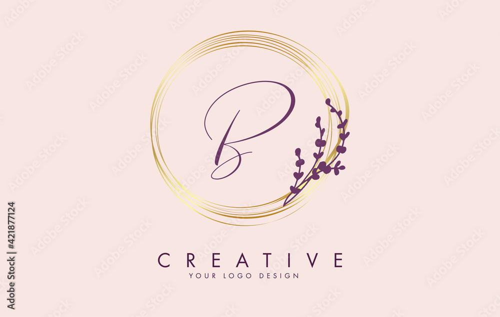 Handwritten B Letter logo design with golden circles and purple leaves ...